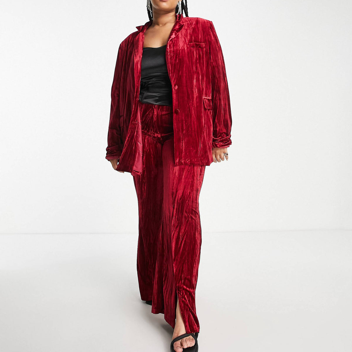 Plus Flared Trousers In Ruby Red Velvet Co-Ord – TheChichero