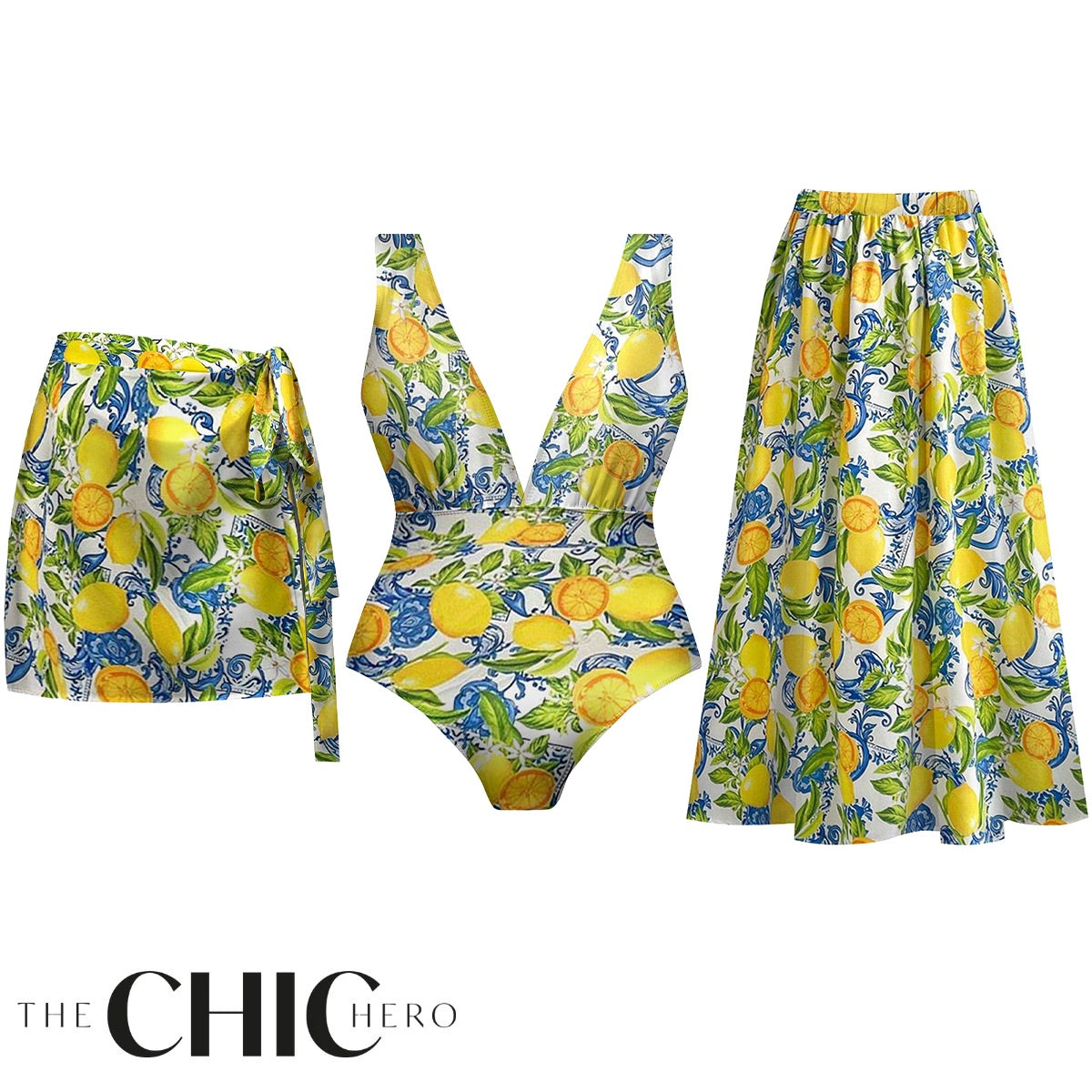 Summer Lemon Citrus Print 3-Piece Set Swimsuit&Skirts – TheChichero