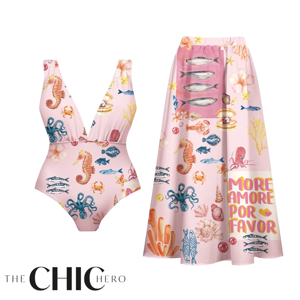 Ocean Love Pink Sea Life One-Piece Swimsuit&Skirt – TheChichero